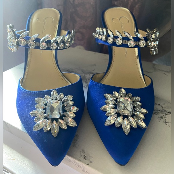 Jessica Simpson | Shoes | Jessica Simpson Blue Satin Jeweled 75 Heels ...